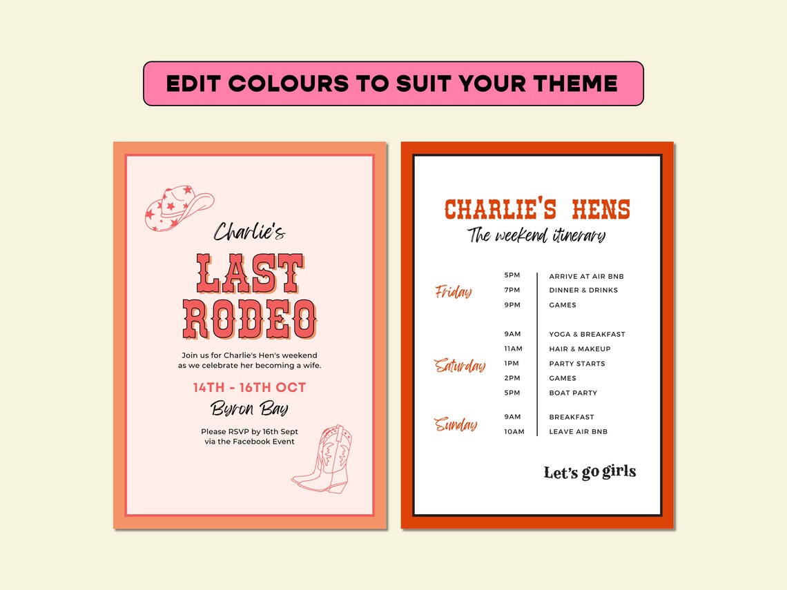 Hens Party Invitation & Itinerary, Bachelorette Invitation, Cowgirl ...
