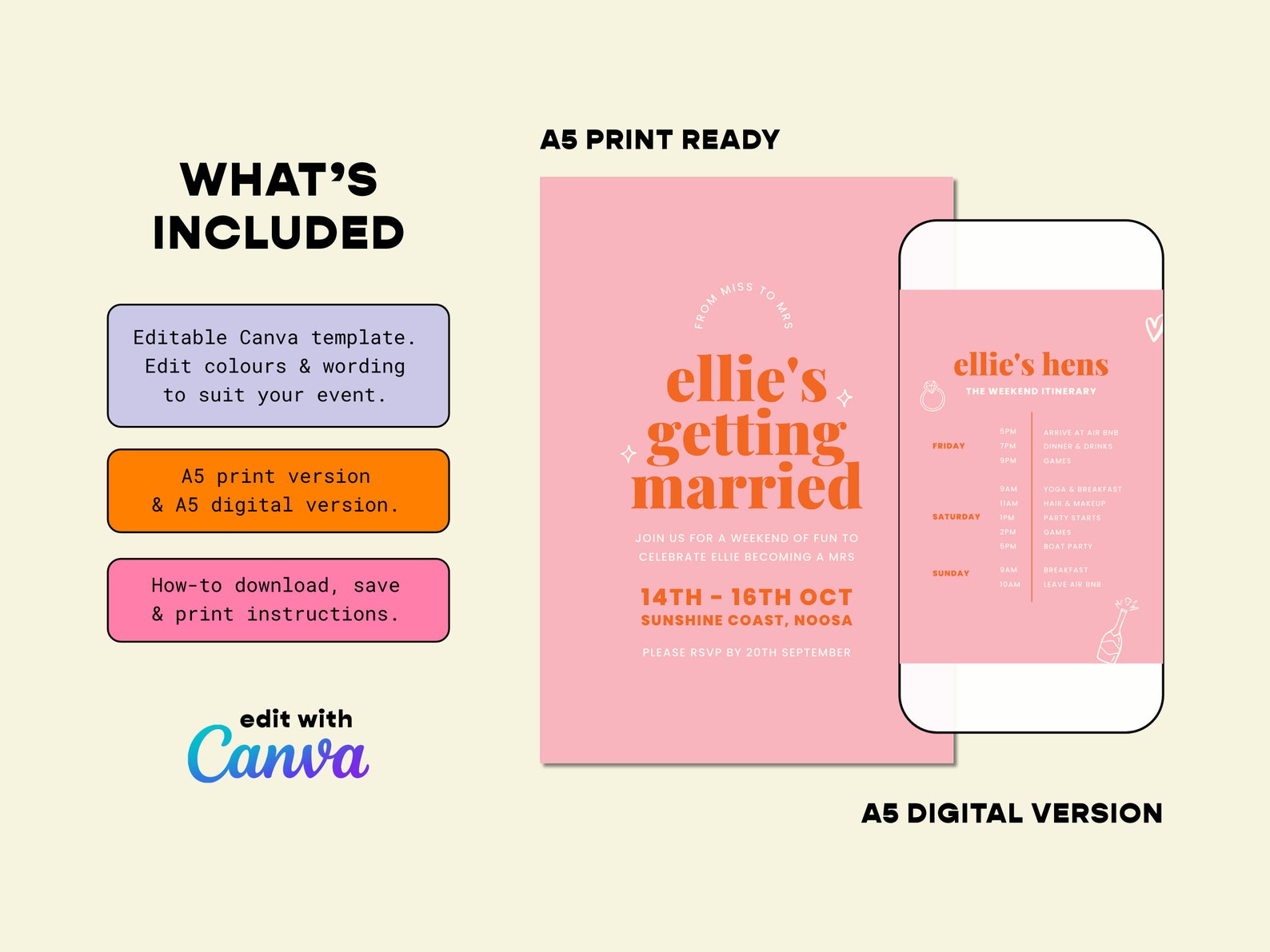 Hens Party Invitation & Itinerary, Bachelorette Invitation, Printable ...