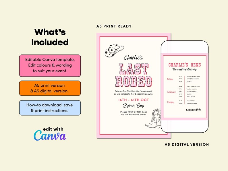 Hens Party Invitation & Itinerary, Bachelorette Invitation, Cowgirl ...