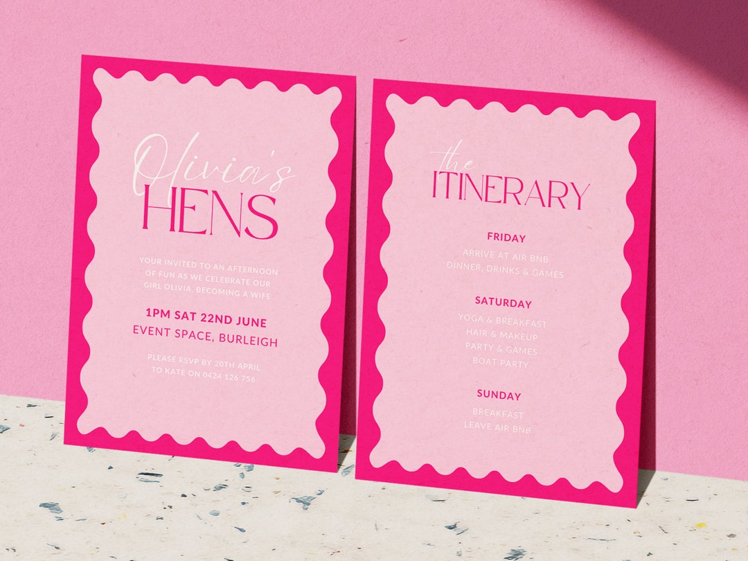 Hens Party Invitation & Itinerary, Bachelorette, Pink Wavey Hens Invite ...