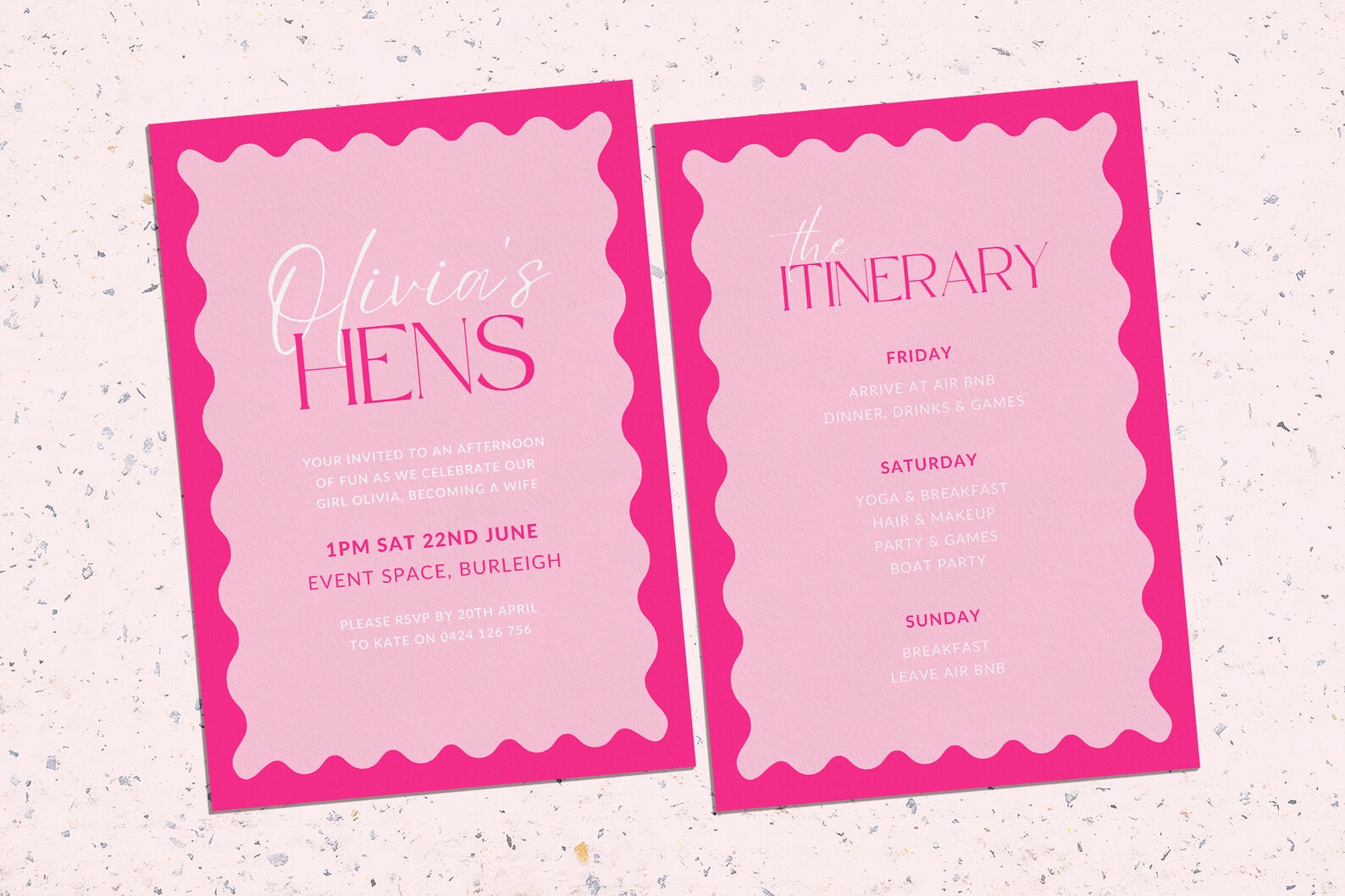 Hens Party Invitation & Itinerary, Bachelorette Stationary, Pink Wavy ...