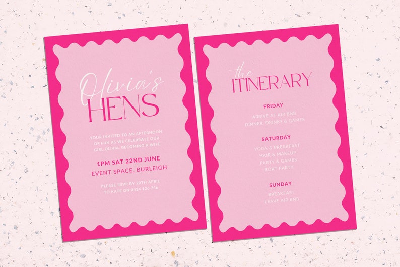 Hens Party Invitation & Itinerary, Bachelorette Stationary, Pink Wavy ...
