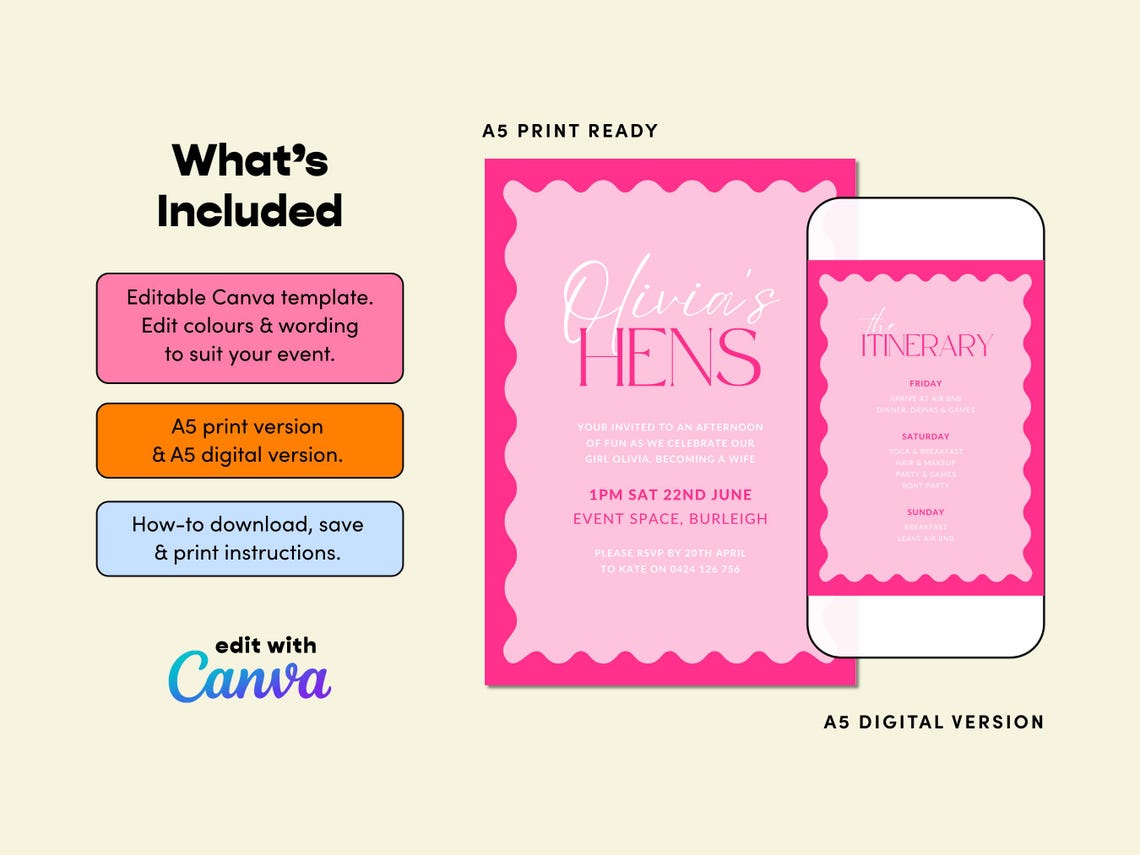 Hens Party Invitation & Itinerary, Bachelorette Stationary, Pink Wavy ...