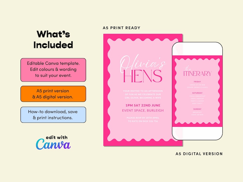 Hens Party Invitation & Itinerary, Bachelorette Stationary, Pink Wavy ...