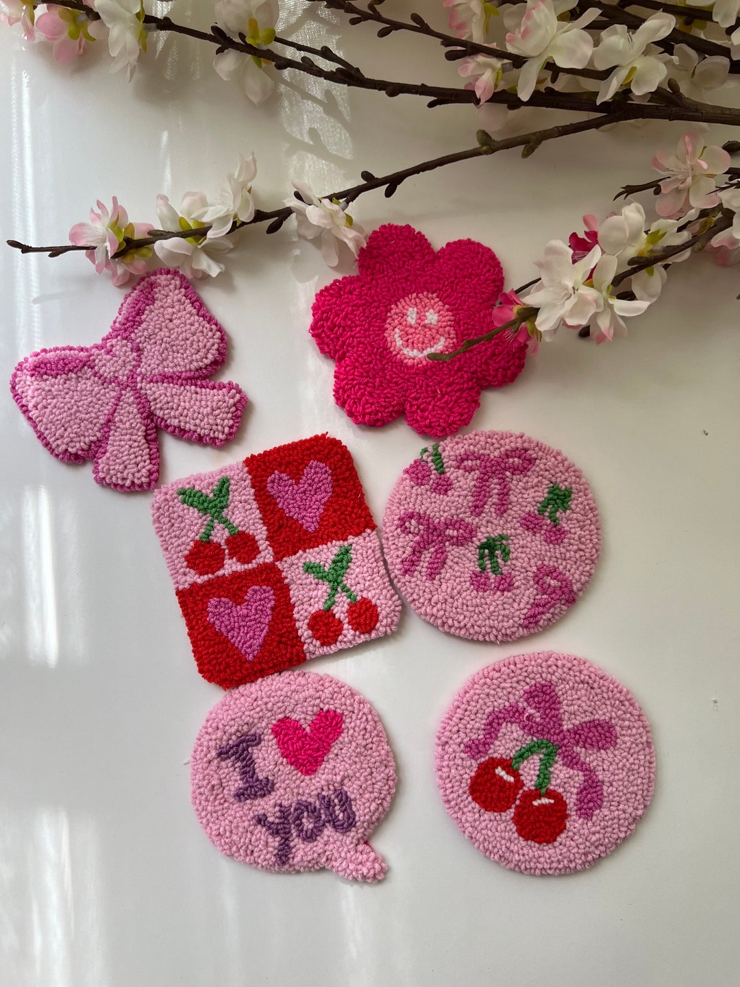 Pink Bow Coaster, Cherry Punch Needle Coaster,cherry and Bowl Mug Rugs ...