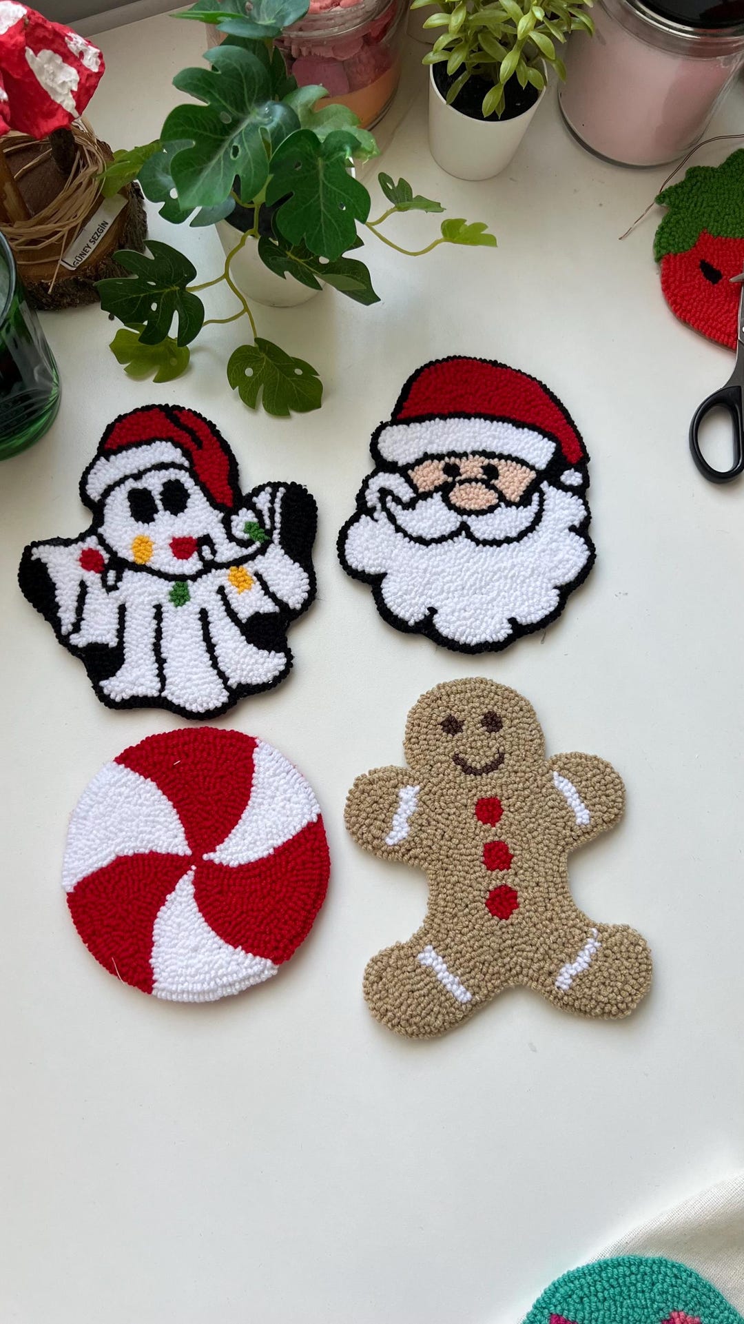 Xmas Punch Needle Mug Rug,santa and Ghost Coaster,red Peppermint Candy ...