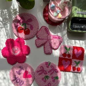 Pink Bow Coaster, Cherry Punch Needle Coaster,cherry and Bowl Mug Rugs ...