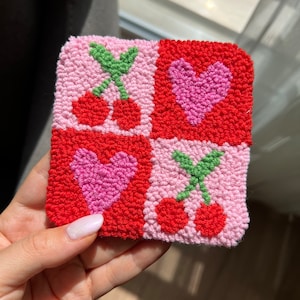 Pink Bow Coaster, Cherry Punch Needle Coaster,cherry and Bowl Mug Rugs ...