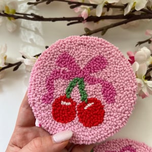 Pink Bow Coaster, Cherry Punch Needle Coaster,cherry and Bowl Mug Rugs ...