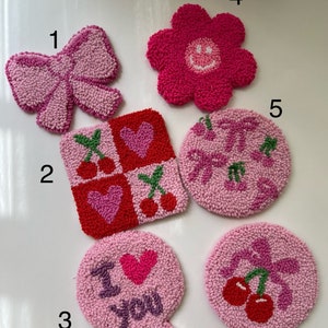 Pink Bow Coaster, Cherry Punch Needle Coaster,cherry and Bowl Mug Rugs ...