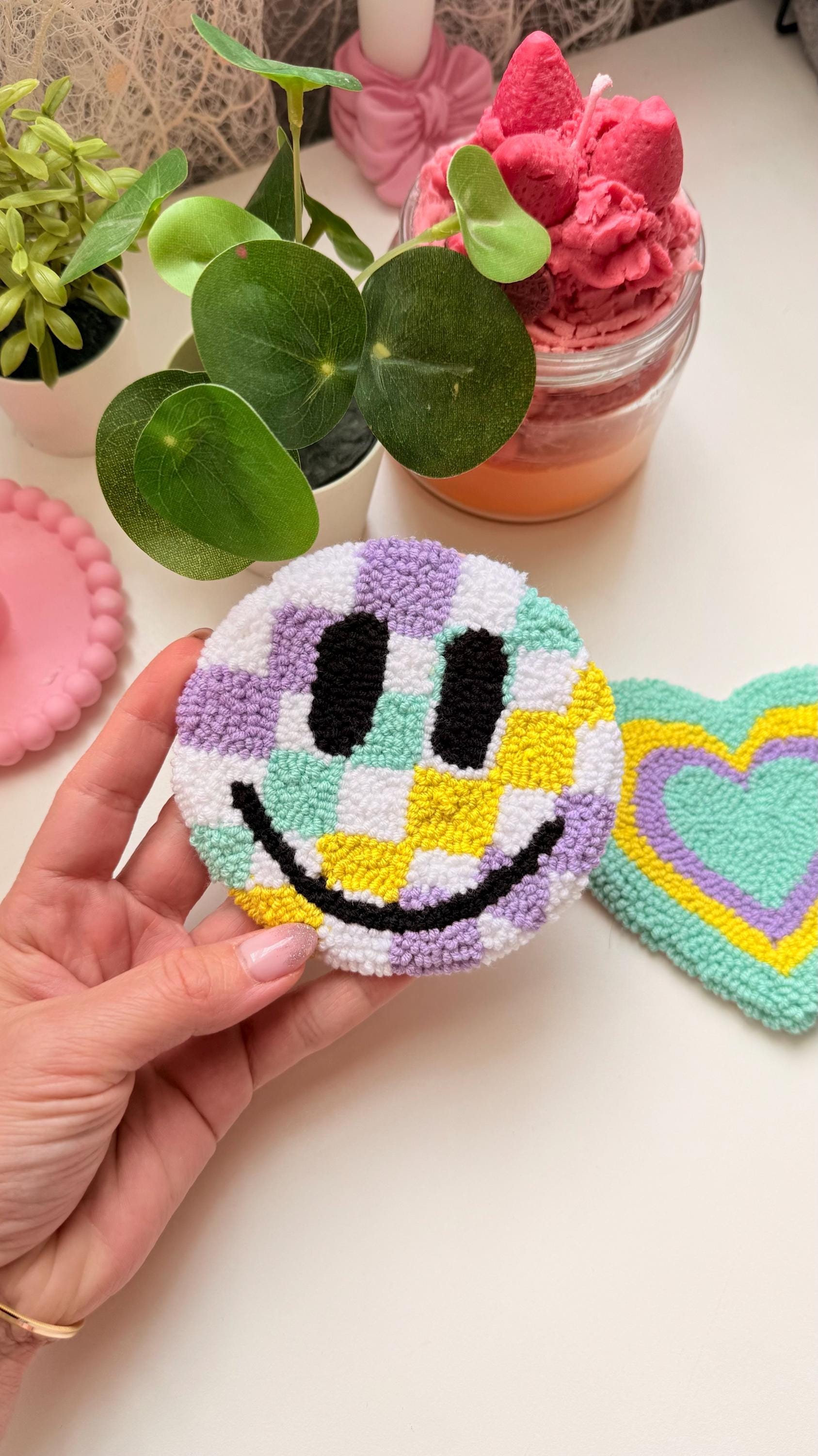 Customizable Punch Needle Heart and Smile Coaster,colorful Smile Emoji ...