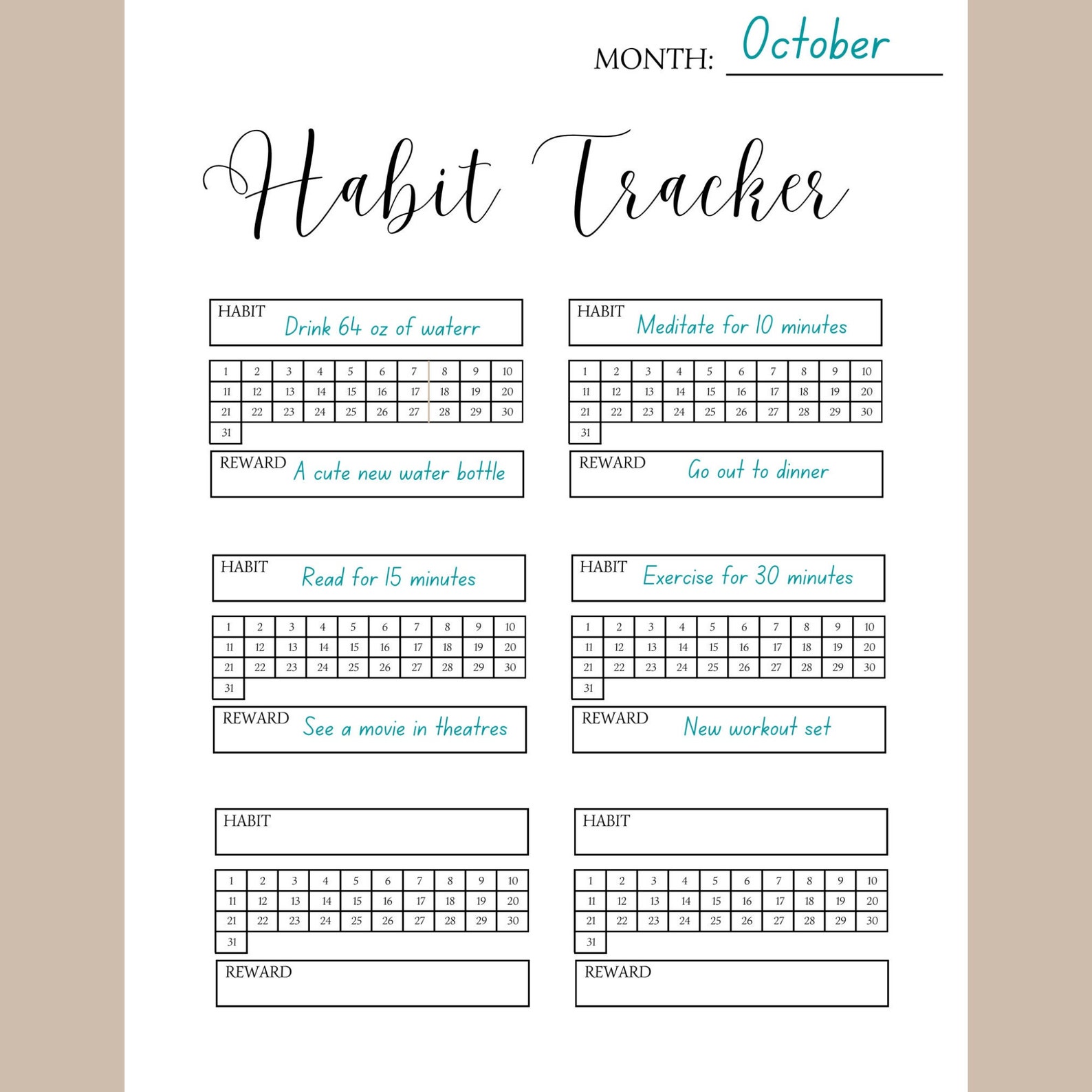 Monthly Habit Tracker, Minimalist Habit Tracker Checklist, Productivity ...
