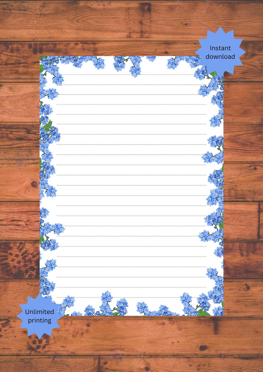 Forget Me Not Bordered Printable Lined and Unlined Note Page in A4 and ...