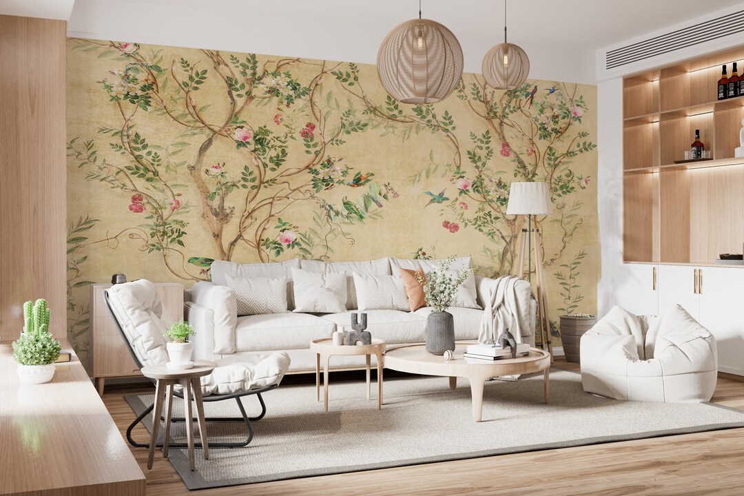 Chinoiserie Wallpaper Peel and Stick Spring Flowers Watercolor Peony ...