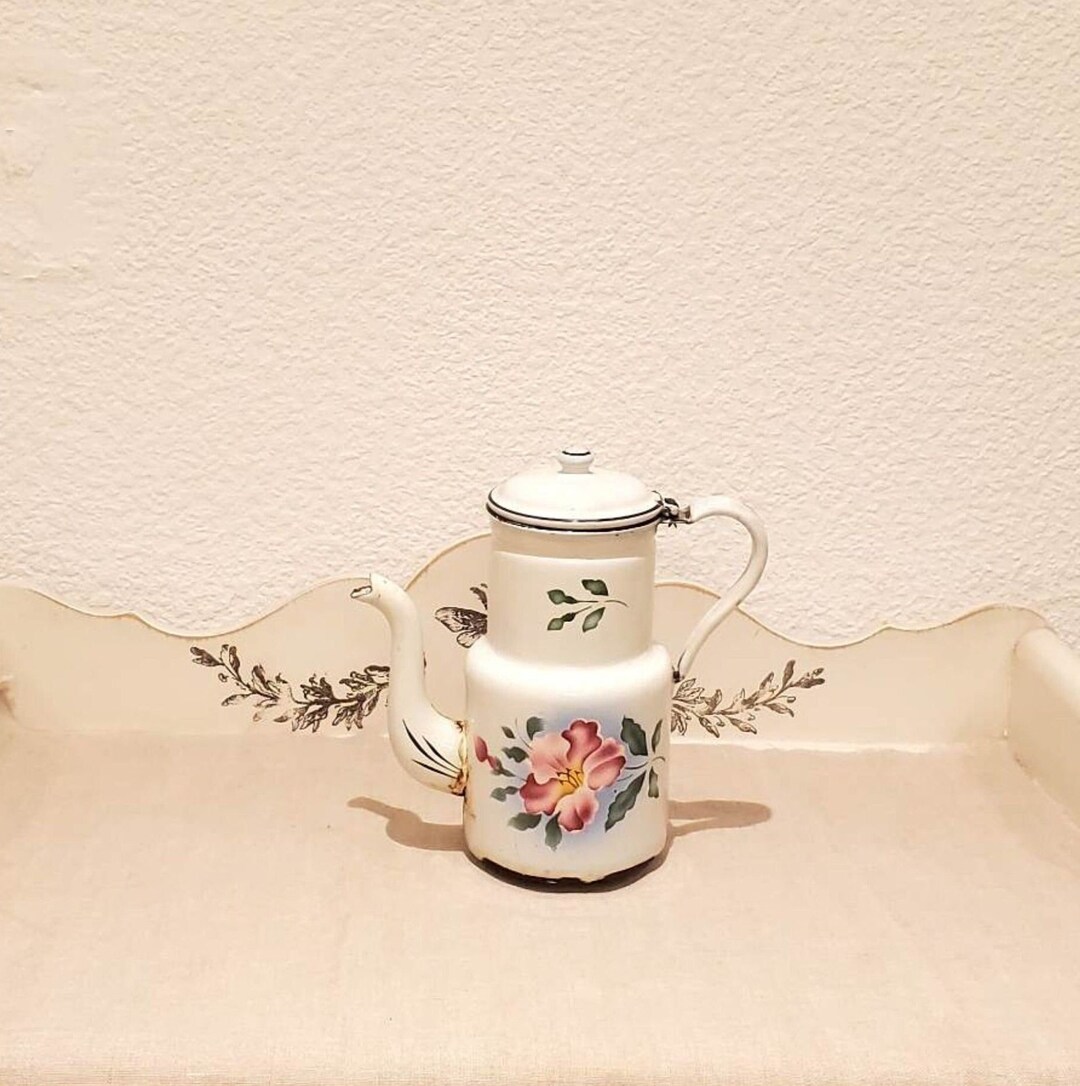Vintage Enamel Coffee Maker. Antique French Coffee Pot With Flowers ...