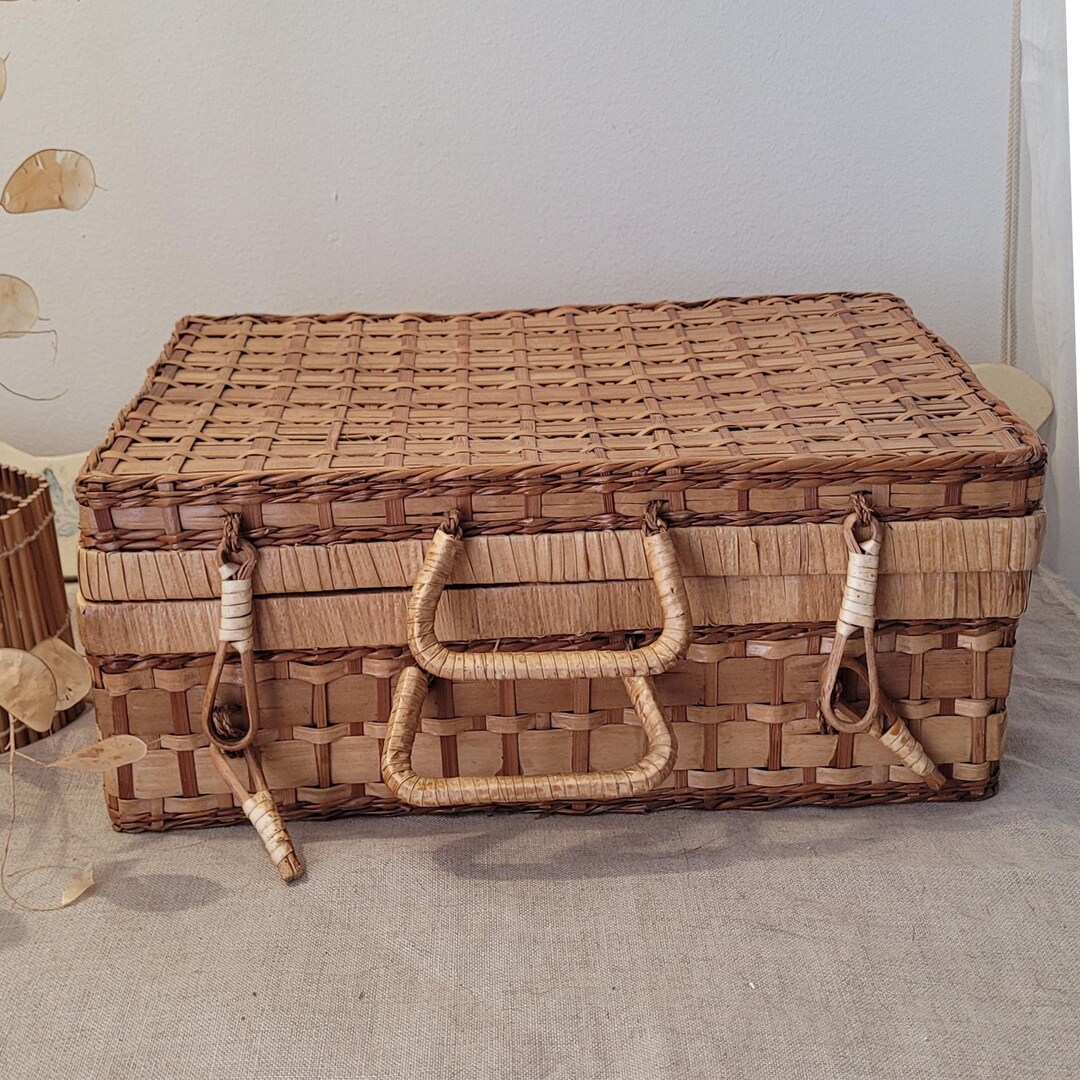 Vintage Wicker Rattan Suitcase Basket — Hand-woven, Loop Closure ...