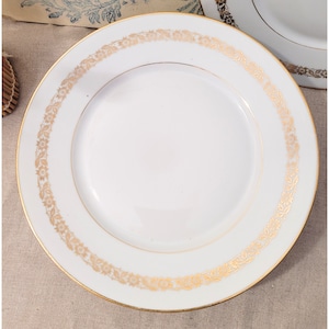 6 P.F.C French Porcelain Dinner Plates — Gold Floral Frieze, Elegant ...