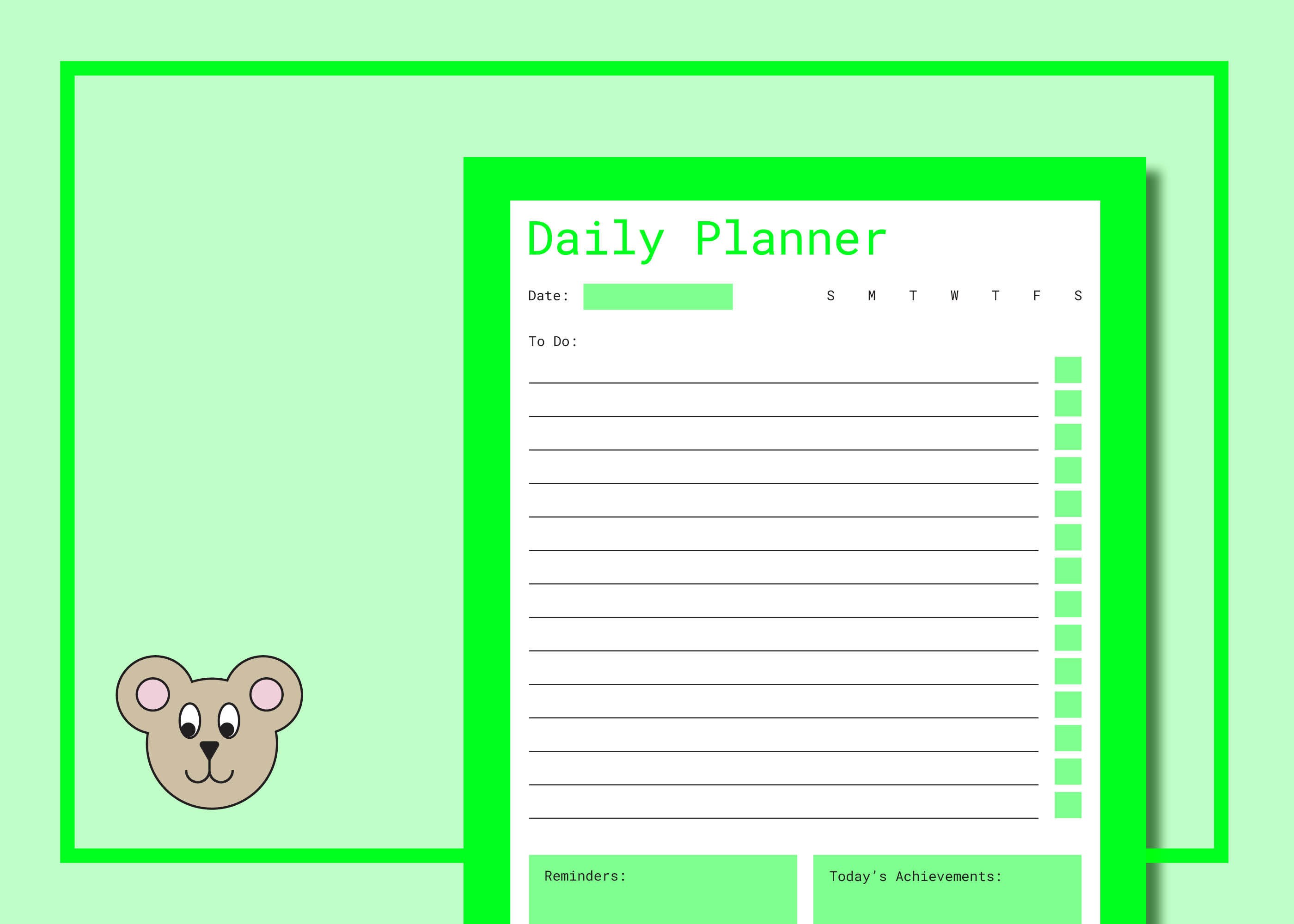 Neon Green RGB Cute Minimal Printable Daily Planner, to Do List, Daily ...
