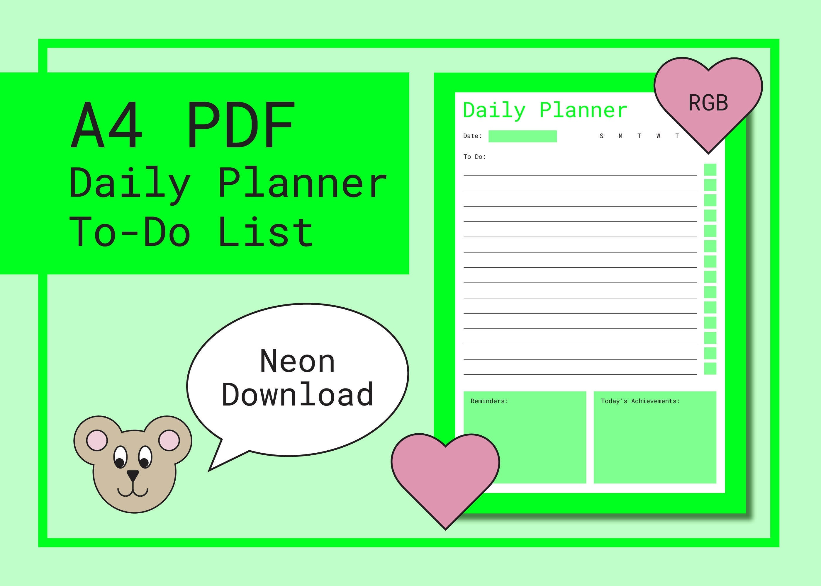 Neon Green RGB Cute Minimal Printable Daily Planner to Do - Etsy