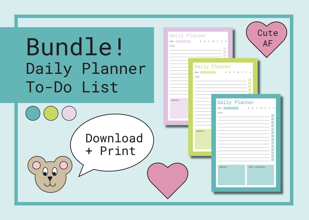 Bundle Teal Blue/lime Green/lilac Cute Minimal Printable Daily Planner ...
