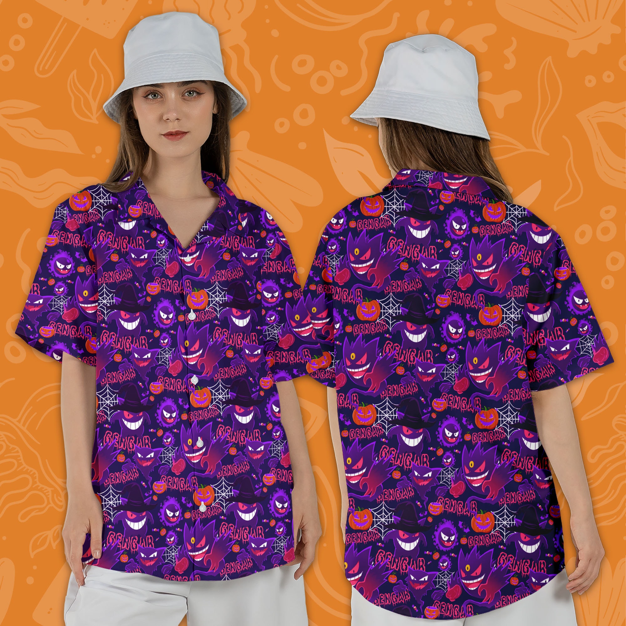 Gengar Halloween Violet Pattern Pumpkin Hawaiian Shirt, Halloween ...