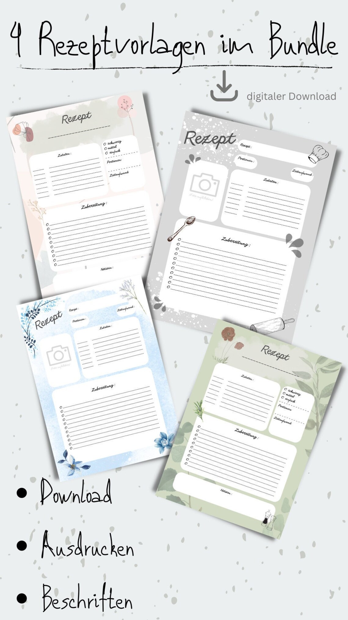 4 Rezeptvorlagen in unterschiedlichen Designs / Vorlagen zum - Etsy.de