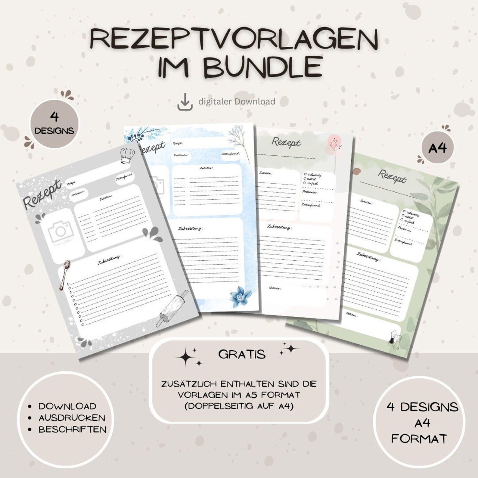 4 Rezeptvorlagen in unterschiedlichen Designs / Vorlagen zum sofortigen ...
