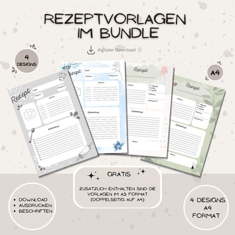 4 Rezeptvorlagen in unterschiedlichen Designs / Vorlagen zum sofortigen ...
