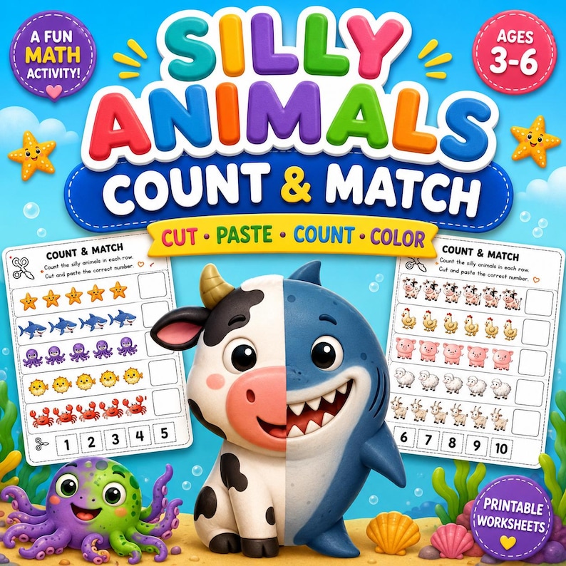 Count and Match Worksheets for Kids | Preschool Math Activity | Silly ...