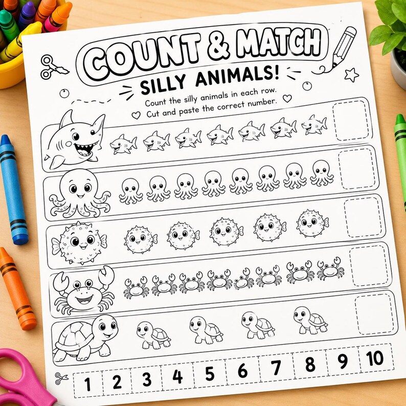 Count and Match Worksheets for Kids | Preschool Math Activity | Silly ...