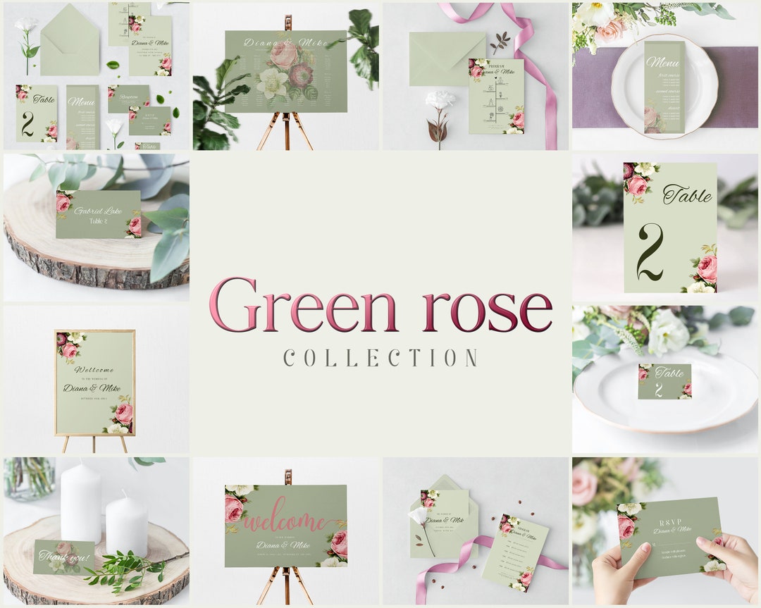 Green Rose Wedding Invitation Canva Template Download, Printable ...