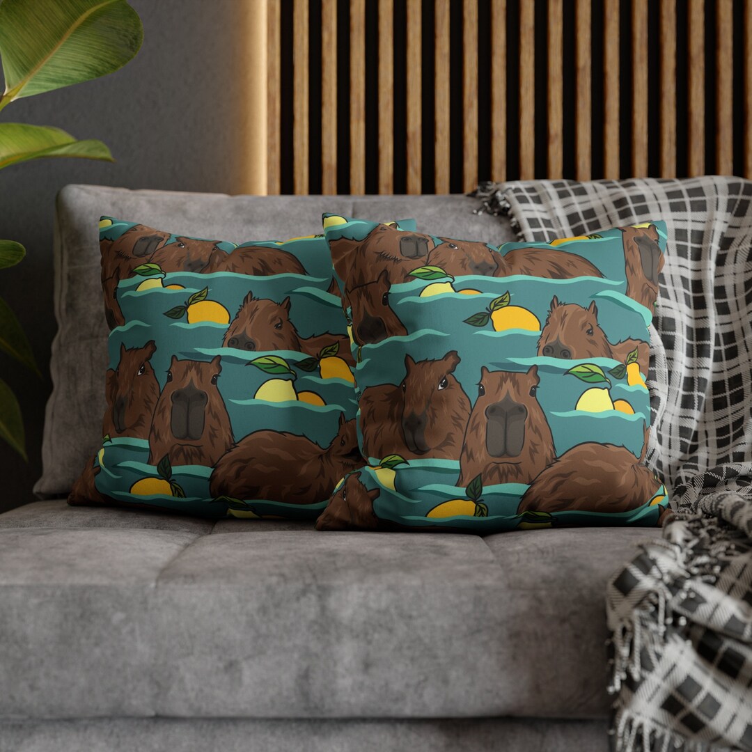 Cute Capybara Friends Chilling in Yuzu Bath Pillow Case, Lemon Blue ...
