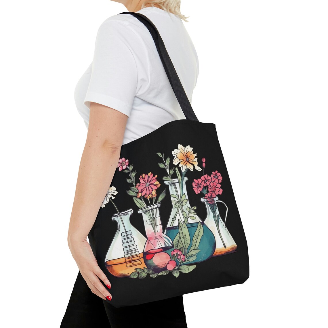 Chemistry Equipment Floral Tote Bag, Beaker Flask Laboratory, Chemistry ...