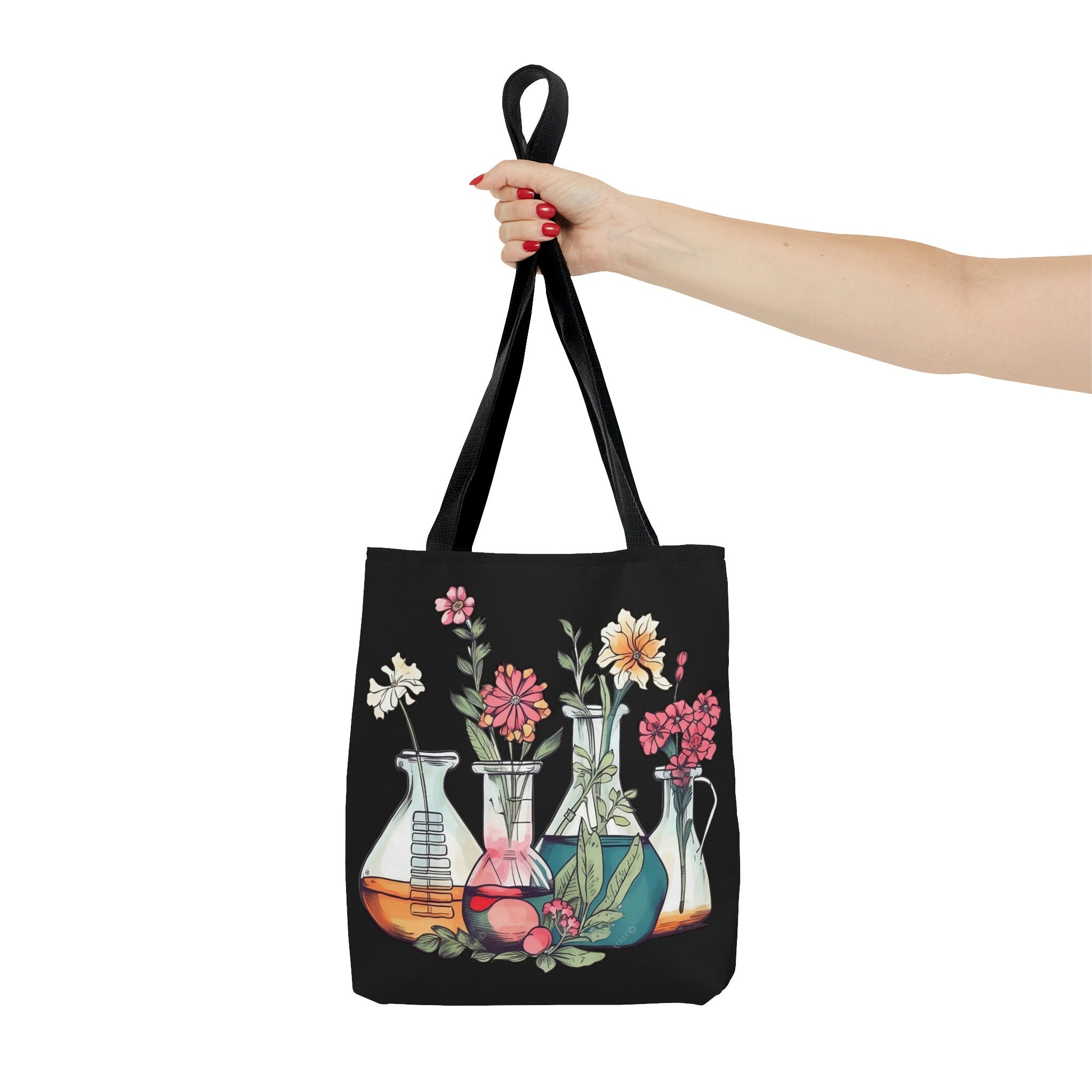 Chemistry Equipment Floral Tote Bag, Beaker Flask Laboratory, Chemistry ...