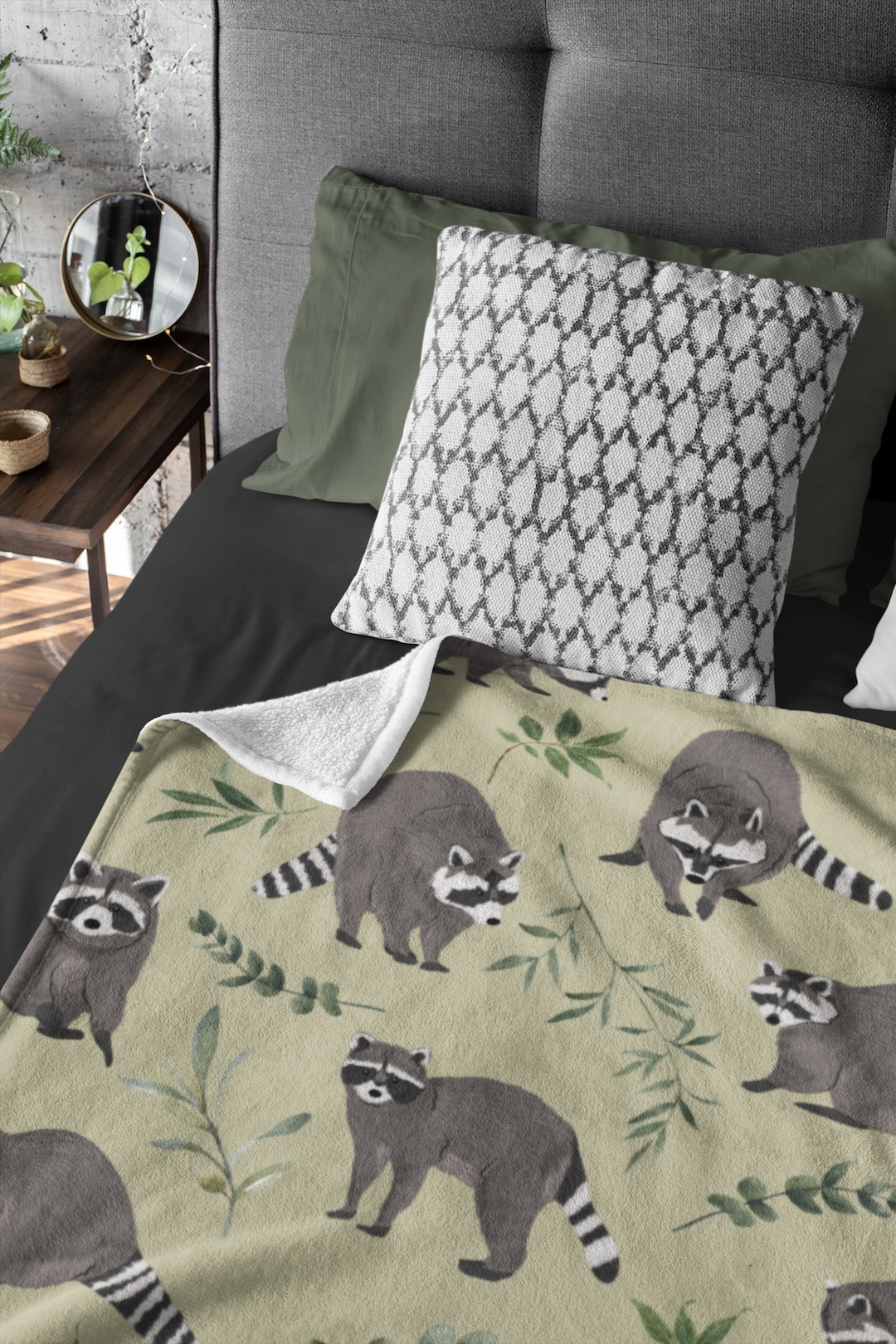 Raccoon Baby Blanket - Olive Green Floral Minky Throw Blanket for Cute ...