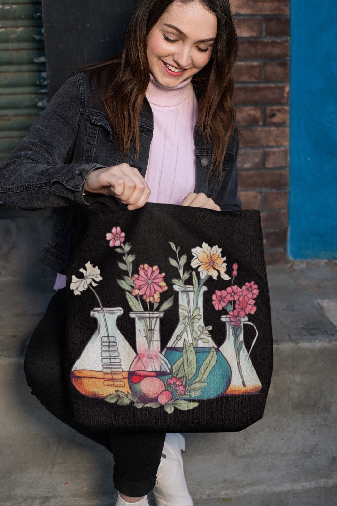 Chemistry Equipment Floral Tote Bag, Beaker Flask Laboratory, Chemistry ...