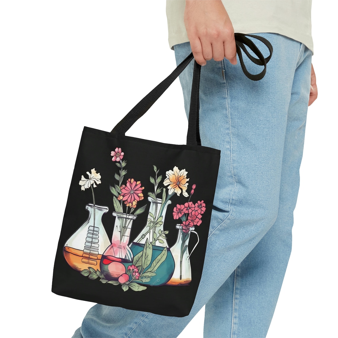 Chemistry Equipment Floral Tote Bag, Beaker Flask Laboratory, Chemistry ...