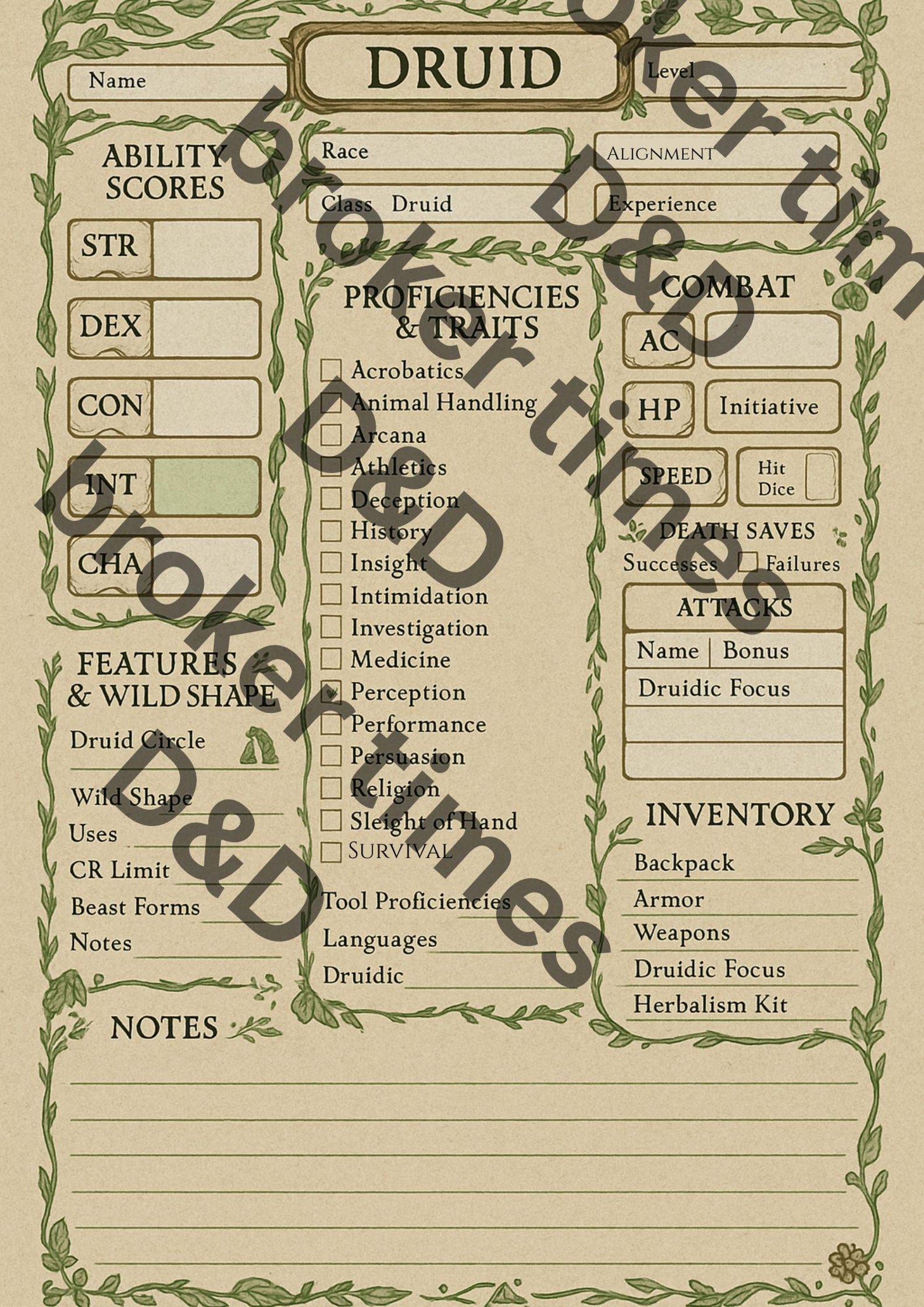 D&D 5e Druid Character Sheet Template - Etsy