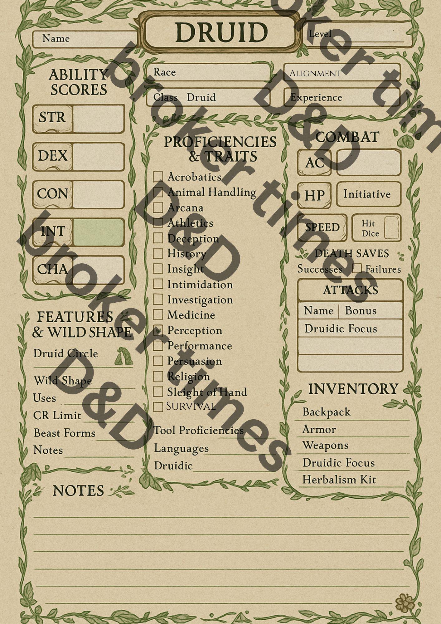 D&D 5e Druid Character Sheet Template - Etsy UK