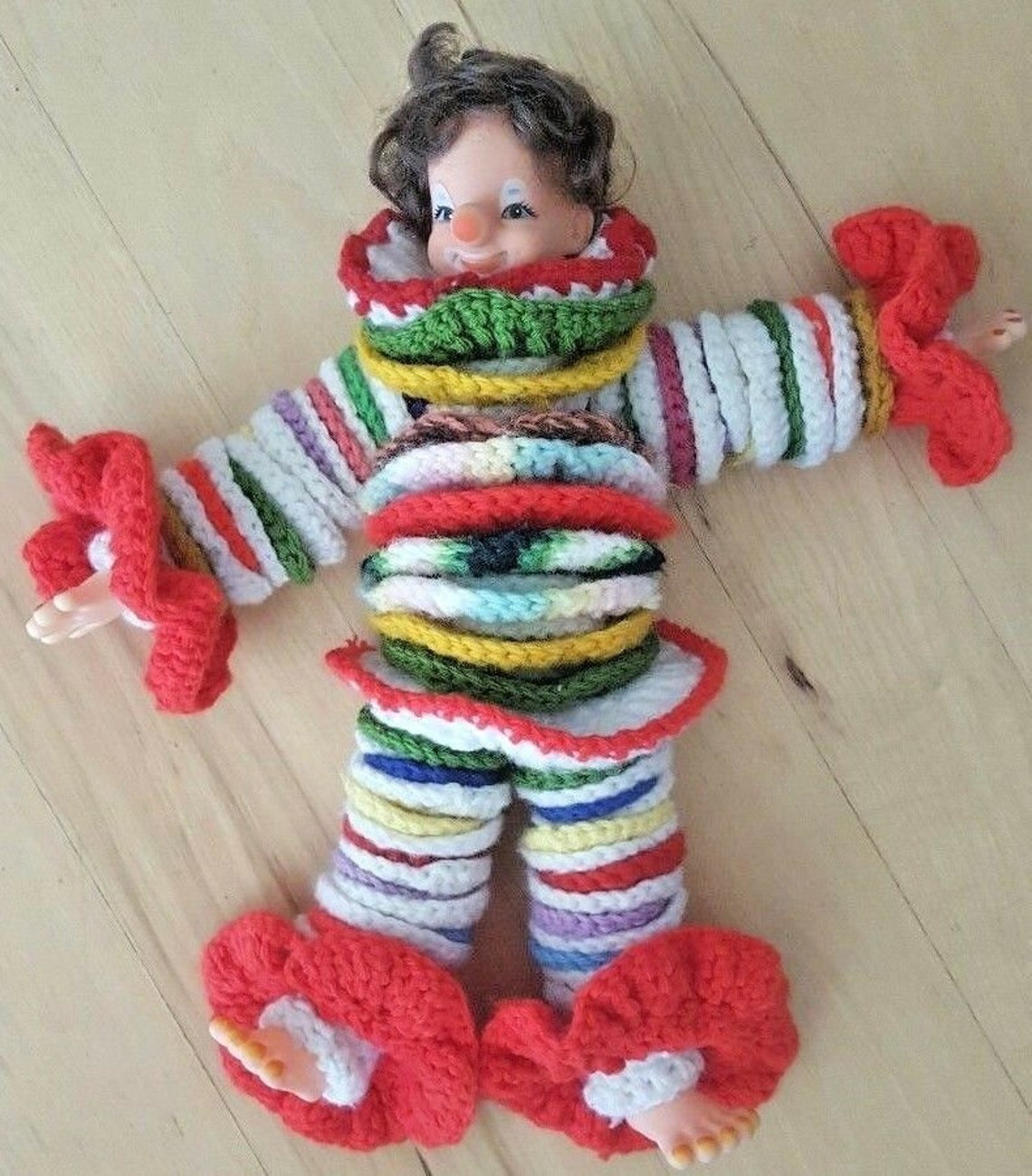 1960s Vintage Handmade Crochet Yarn Disc Clown Doll 18" Orange Green ...