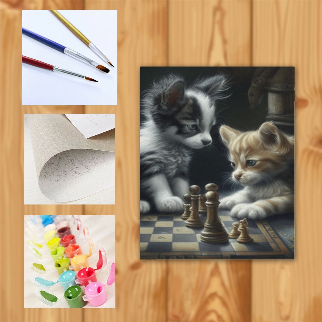 Paint by Number Art Kit for Adults, Chess Player Cat and Dog Painting ...