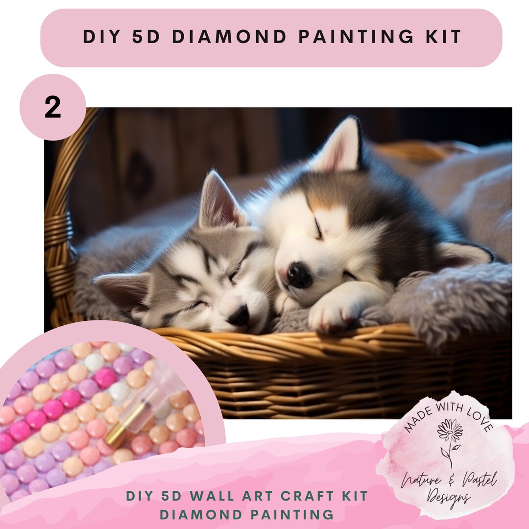 Cute Husky Puppies Diamond Painting Kit, Sleeping Baby Dog and Cat Wall ...