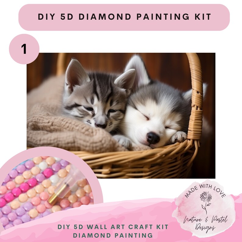 Cute Husky Puppies Diamond Painting Kit, Sleeping Baby Dog and Cat Wall ...