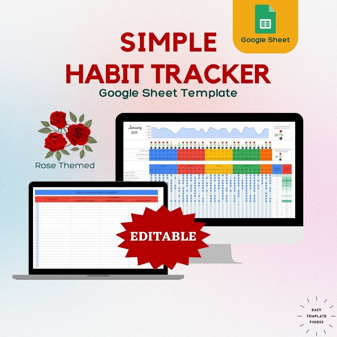Habit Tracker Spreadsheet | Google Sheets | Rose | Daily Weekly Monthly ...
