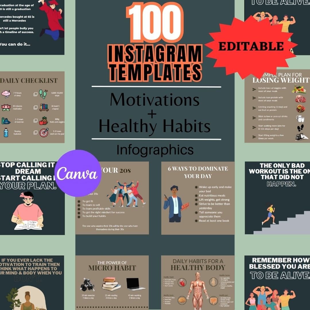 100 Healthy Habits & Motivation Canva Infographics | Fitness Instagram ...