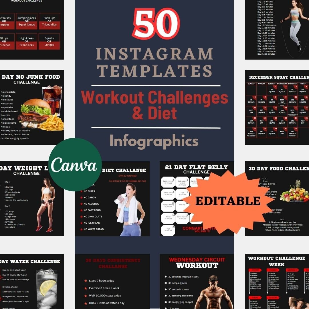 50 Diet and Workout Challenges Canva Infographics | Diet and Workout ...