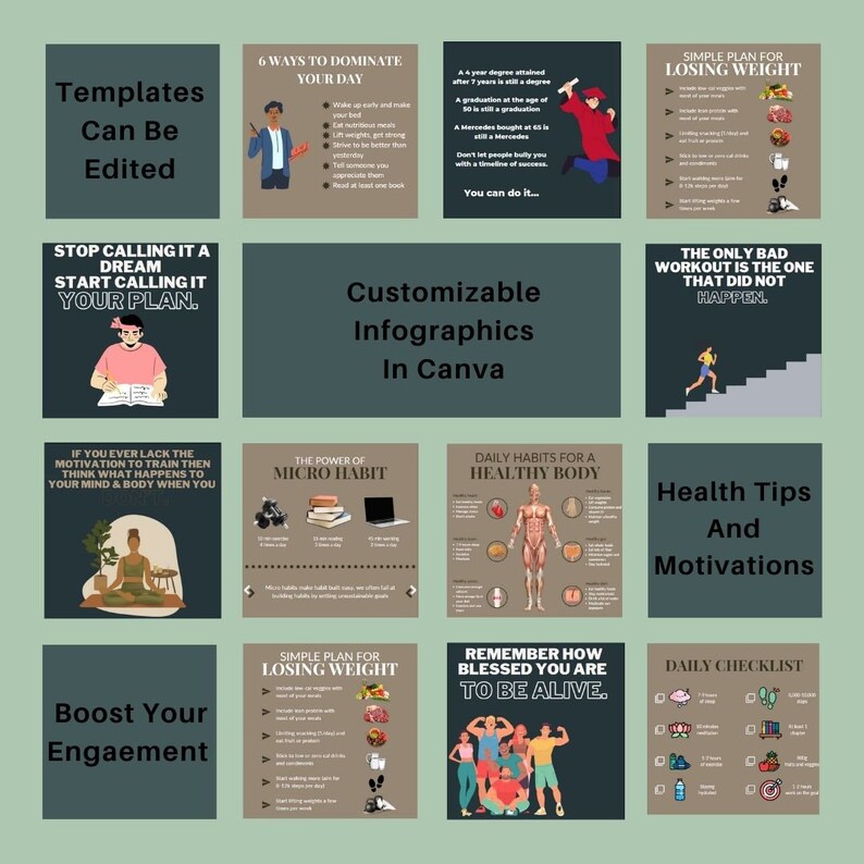 100 Healthy Habits & Motivation Canva Infographics | Fitness Instagram ...