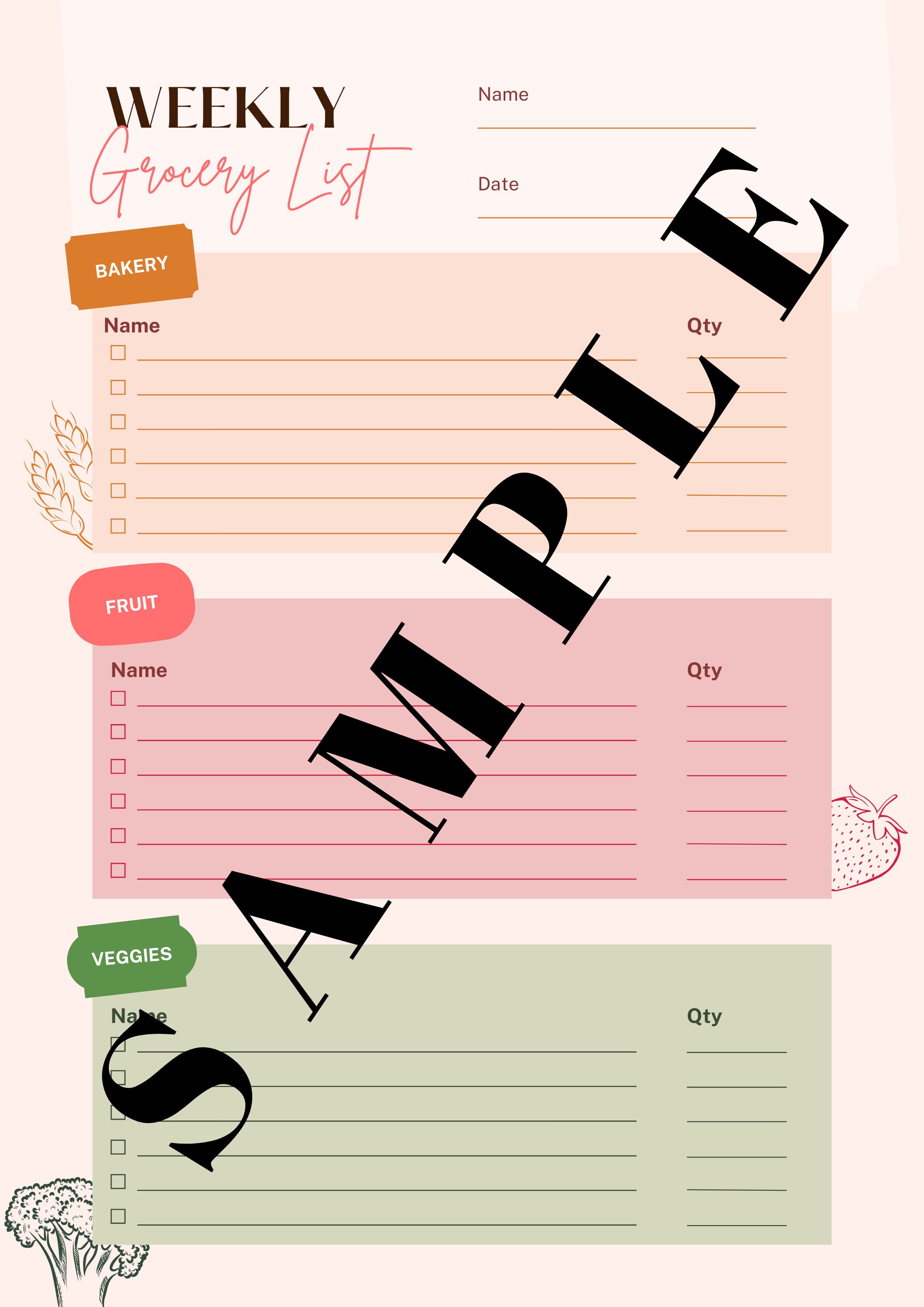 Weekly Grocery List Printable Digital Download / Digital Use on ...