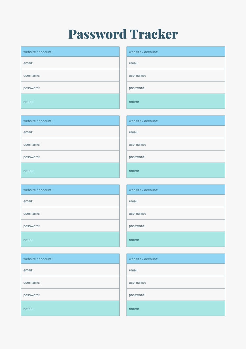 A4 A5 Letter & Half Size Printable Password Tracker Digital - Etsy