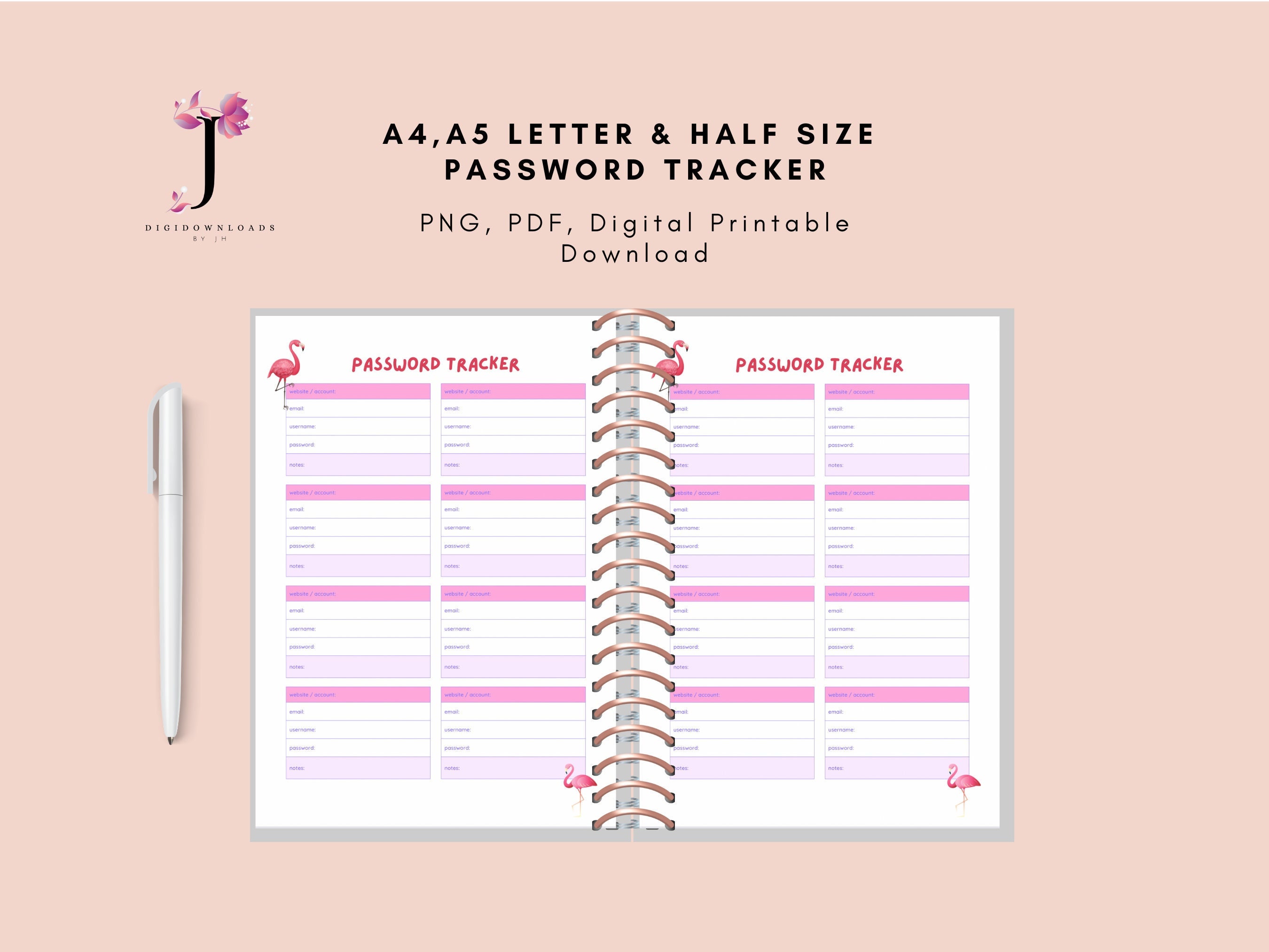 A4, A5, Letter & Half Size Printable Password Tracker, Digital Download ...